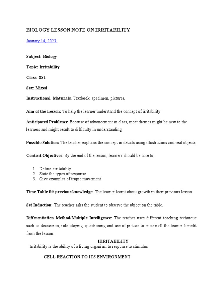 Biology Lesson Note On Irritability | PDF | Learning | Behavior ...