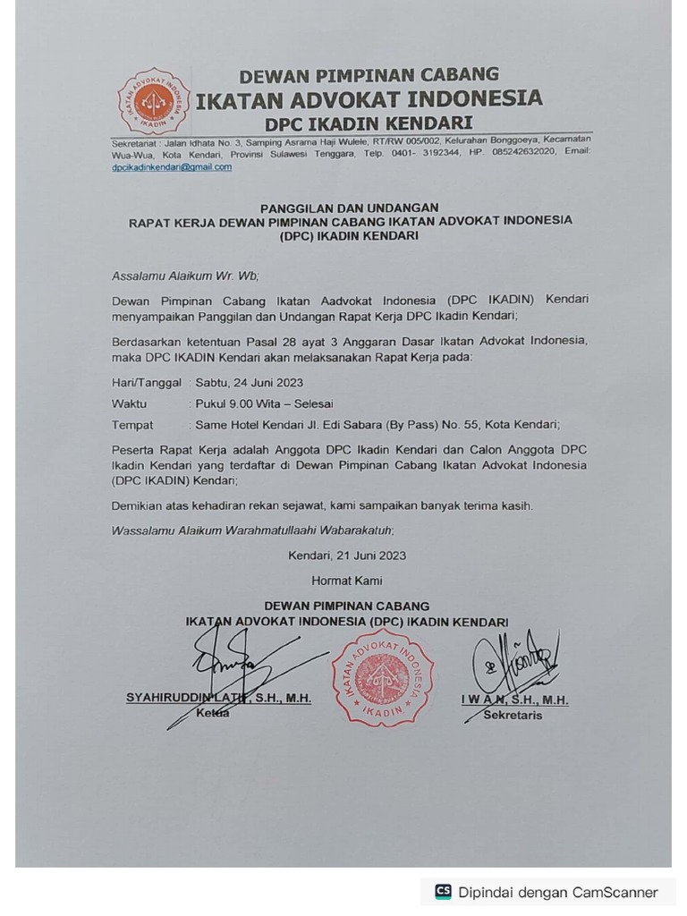 Undangan Rapat Kerja DPC Ikadin Kdi | PDF