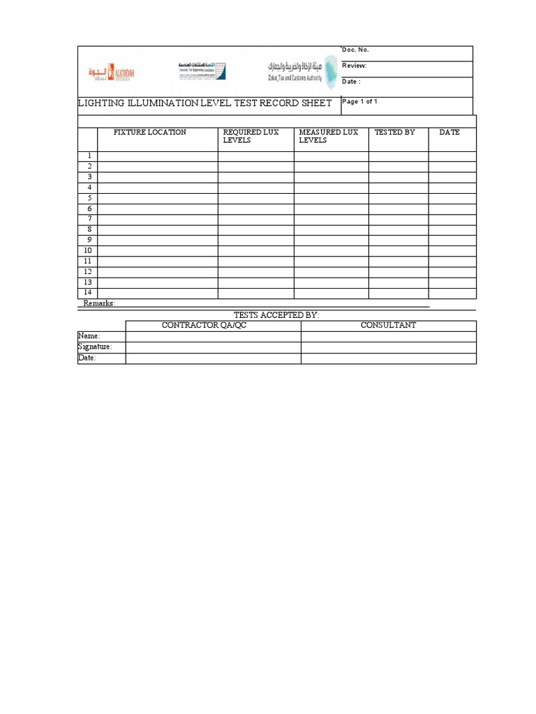 IMS 467-QTR - Lighting Illumination Level Test Record Sheet Rev01 | PDF