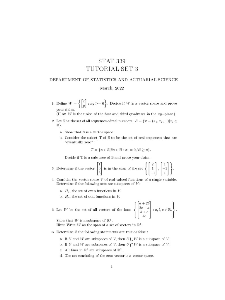 Tutorial Set 3 | PDF | Linear Subspace | Vector Space