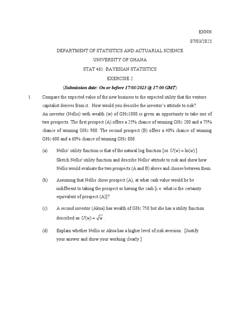 STAT 461 Exercise 2 - 2023 | PDF | Utility | Probability Distribution