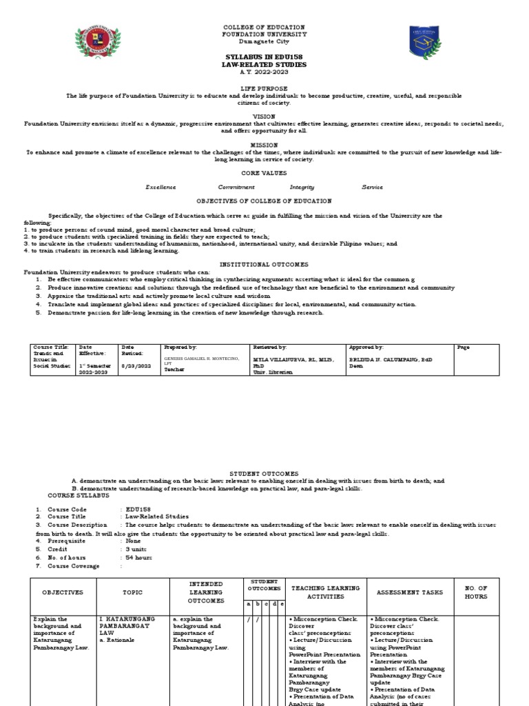 Law-Related Studies Syllabus 2022-2023 | PDF | Lifelong Learning | Learning