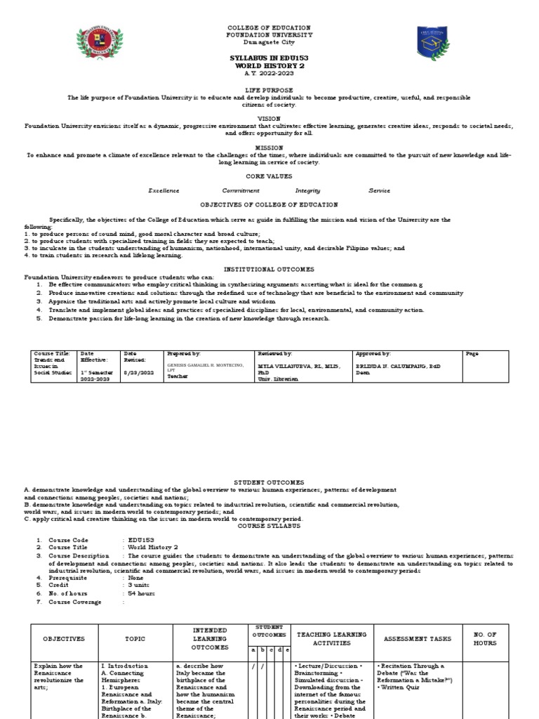 Syllabus - Edu153 - World History 2 | PDF | Lifelong Learning | Learning