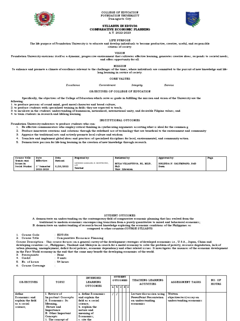 Syllabus Edu156 Comparative Economic Planning PDF Economics