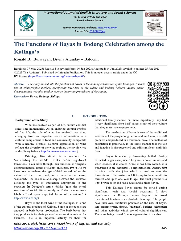 The Functions of Bayas in Bodong Celebration Among The Kalinga's | PDF
