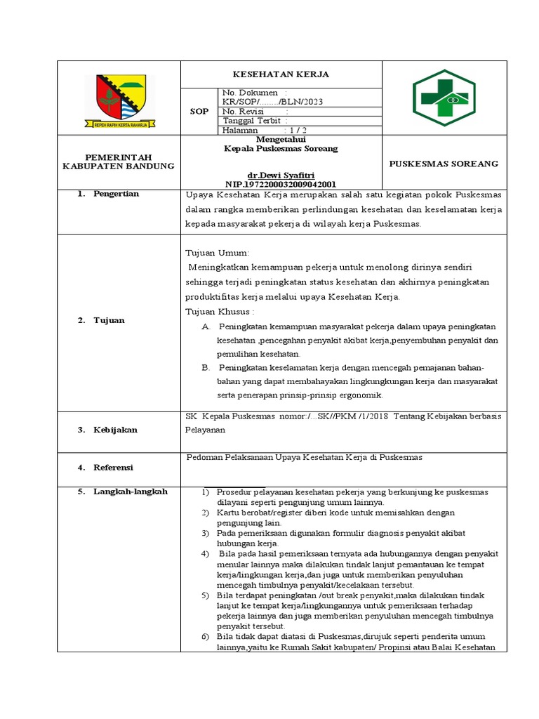 Sop Kesehatan Kerja PKM Soreang | PDF