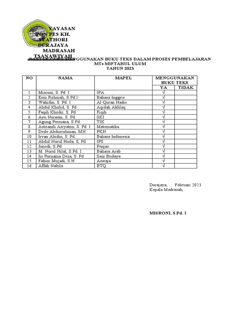 d4. Rekapitulasi Daftar Guru Yag Menggunakan Buku Teks | PDF