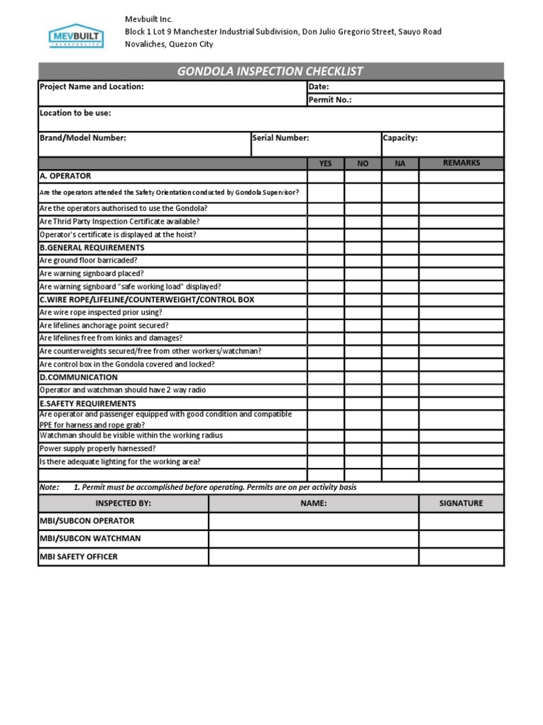 Gondola Inspection Checklist | PDF
