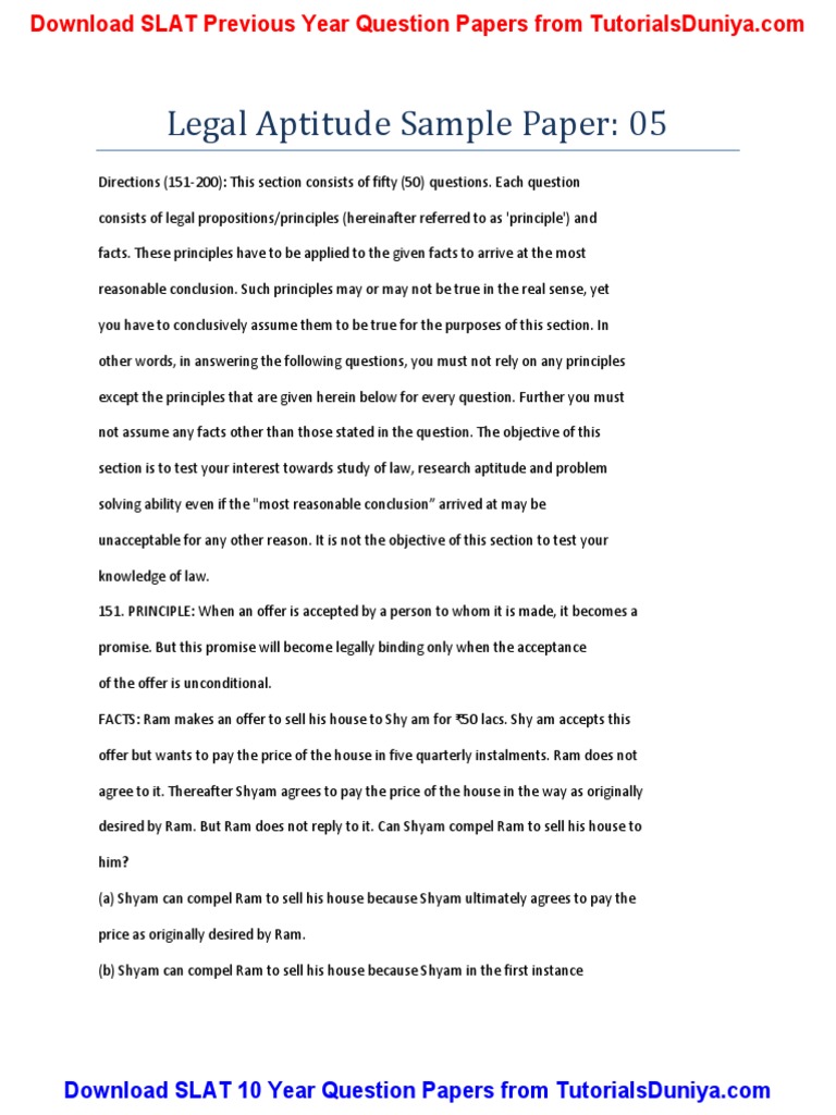 SLAT Legal Aptitude Sample Paper 5 | PDF | Common Law | Private Law