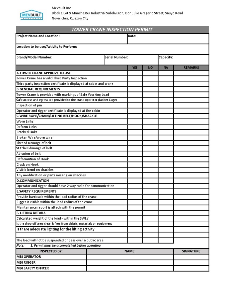 Tower Crane Set Up Checklist Permit | PDF