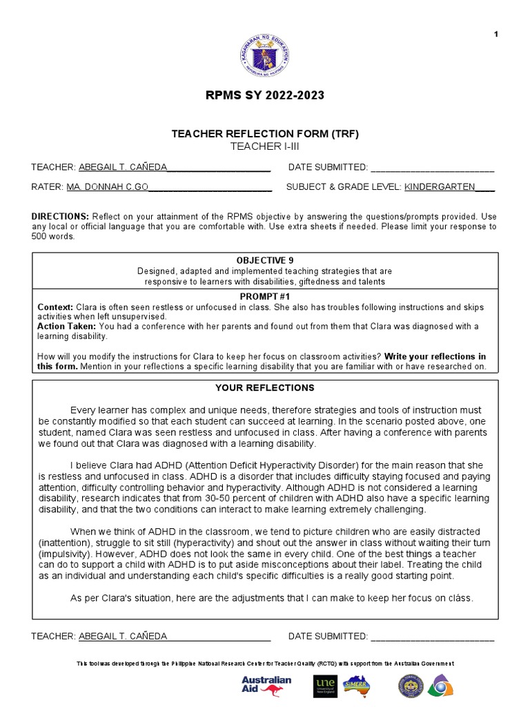 Teacher Reflection Form | Download Free PDF | Attention Deficit ...