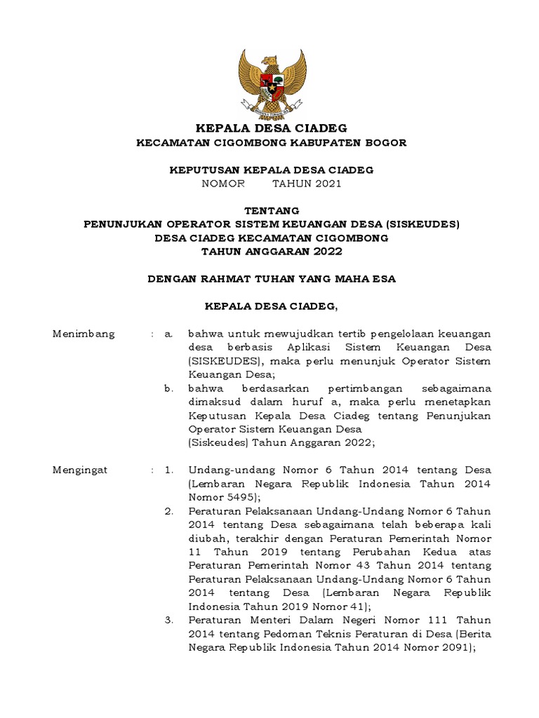 SK Operator Siskeudes Ciadeg | PDF
