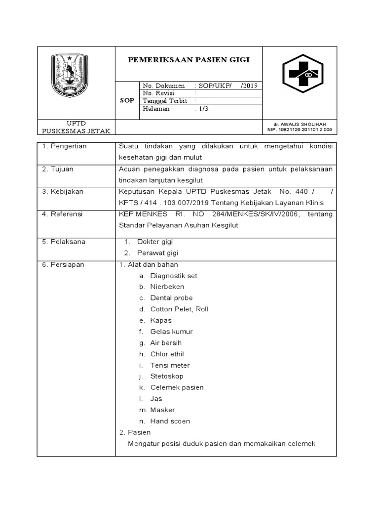 Sop Pemeriksaan Pasien Gigi | PDF