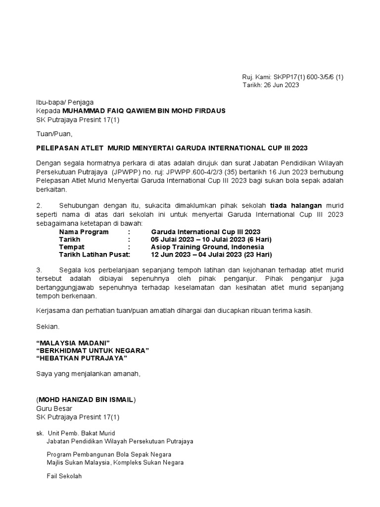 contoh surat pelepasan murid | PDF