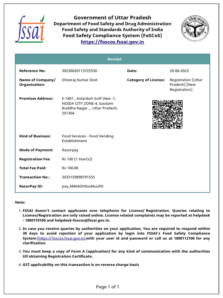 Fssai Application Receipt | PDF