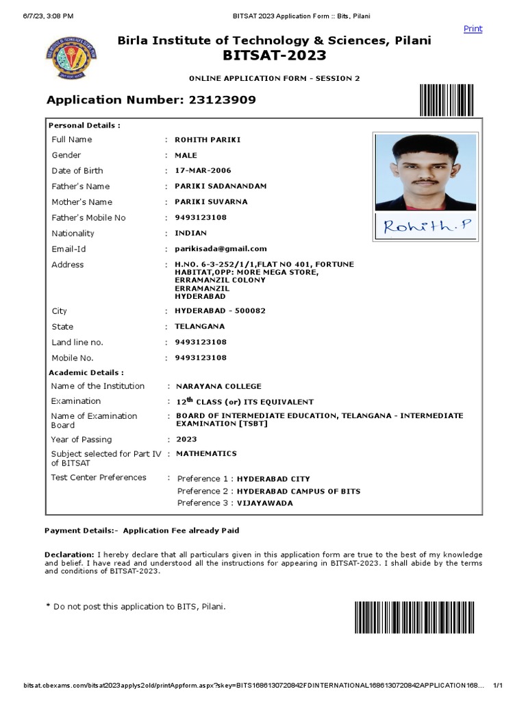 BITSAT 2023 Application Form - Bits, Pilani-Sessions-II | PDF