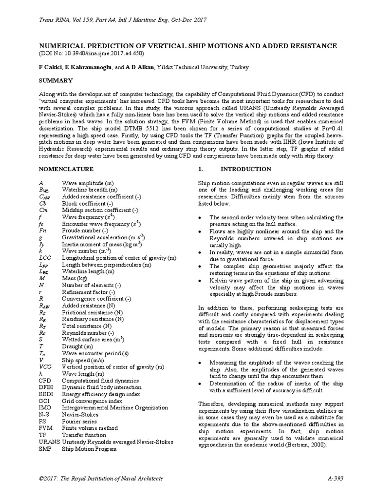2017 Numerical Prediction Of Vertical Ship Motions And Added Resistance Pdf Computational