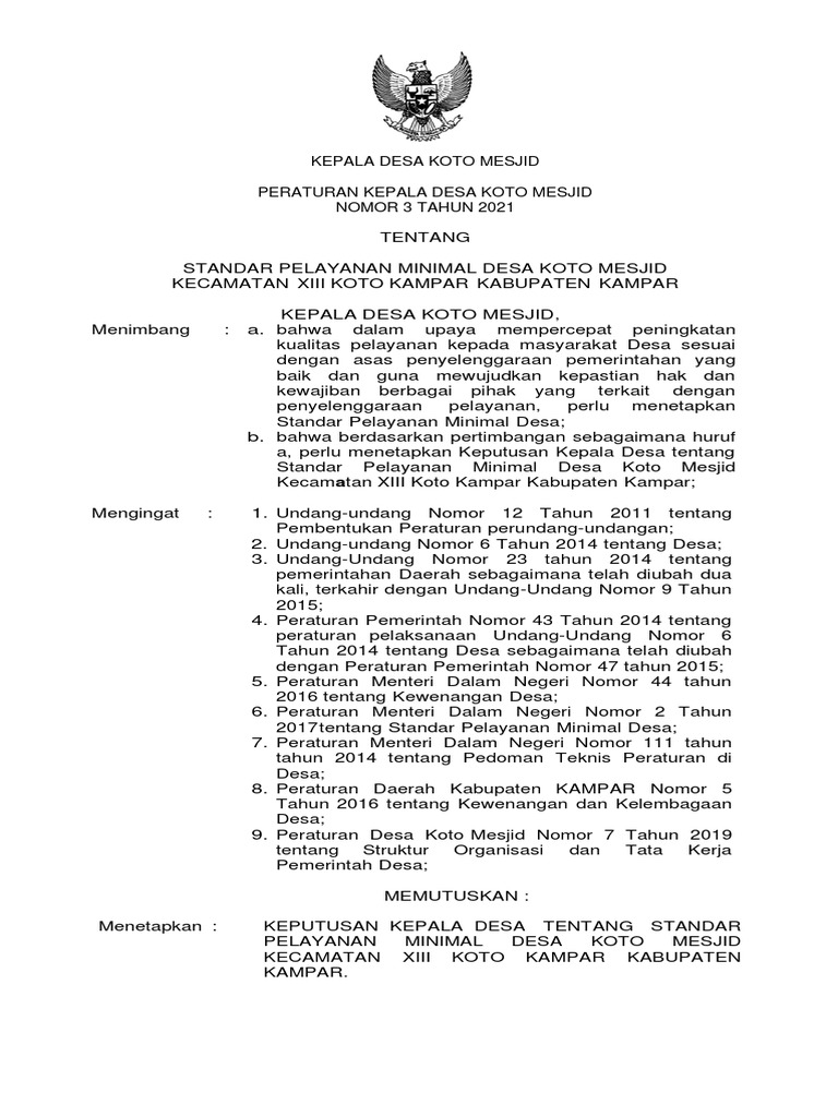 Standar Pelayanan Minimal Desa Koto Mesjid | PDF | Hukum | Griya & Taman