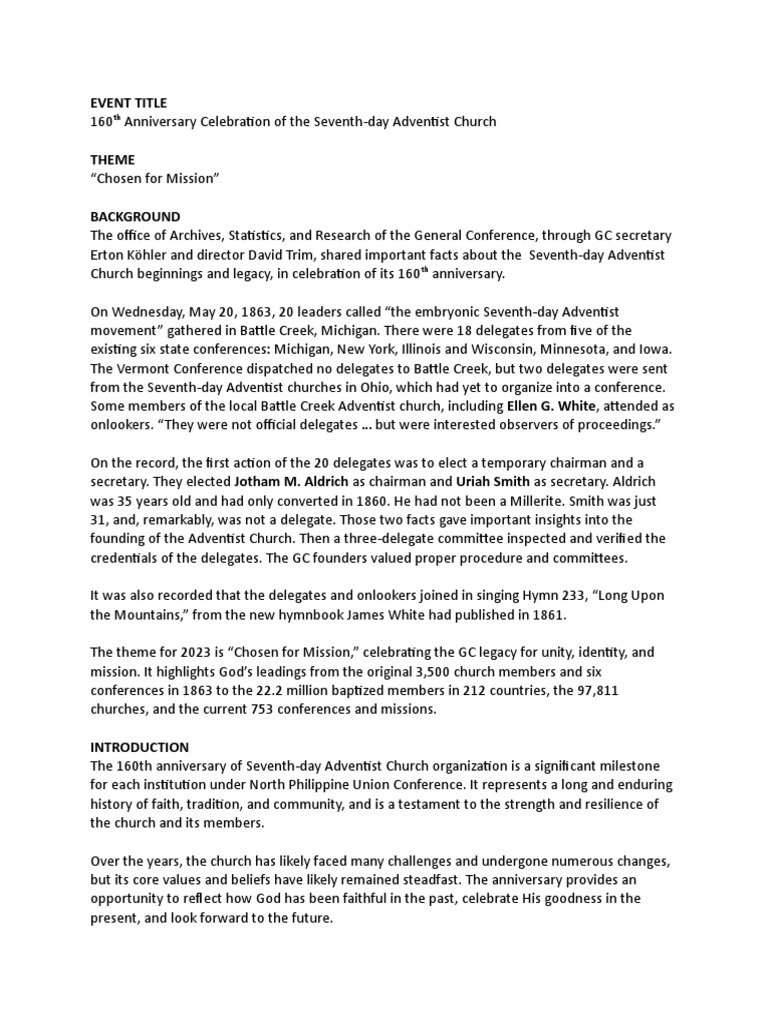 160th Program | PDF | Seventh Day Adventist Church | Restorationism ...