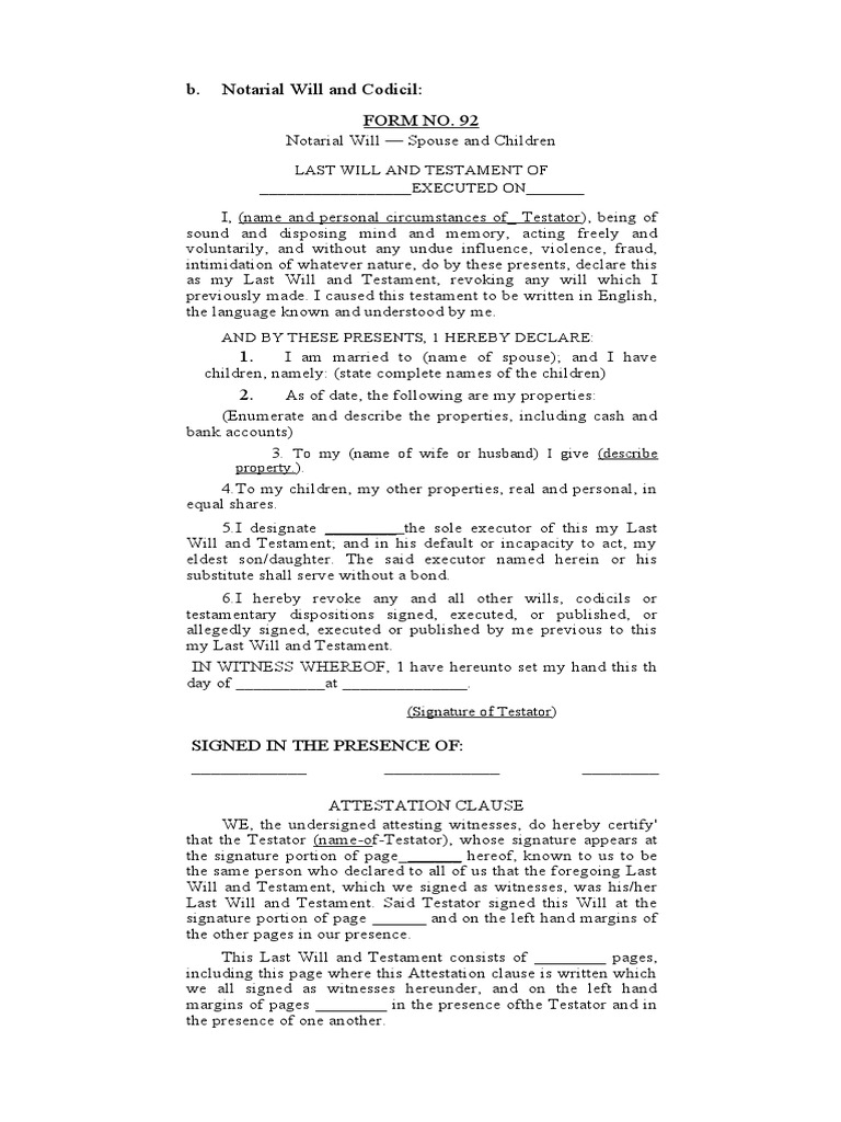 FORM NO. 92 Notarial Will — Spouse and Children | PDF | Will And ...