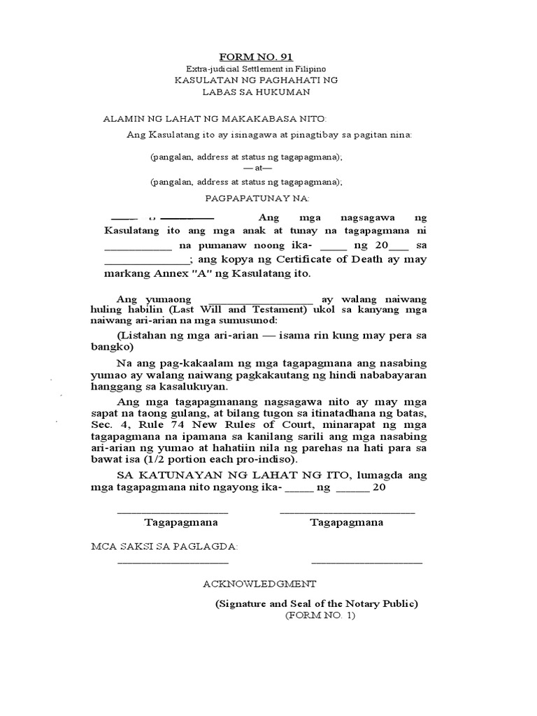 FORM NO. 91 Extra-judicial Settlement in Filipino | PDF