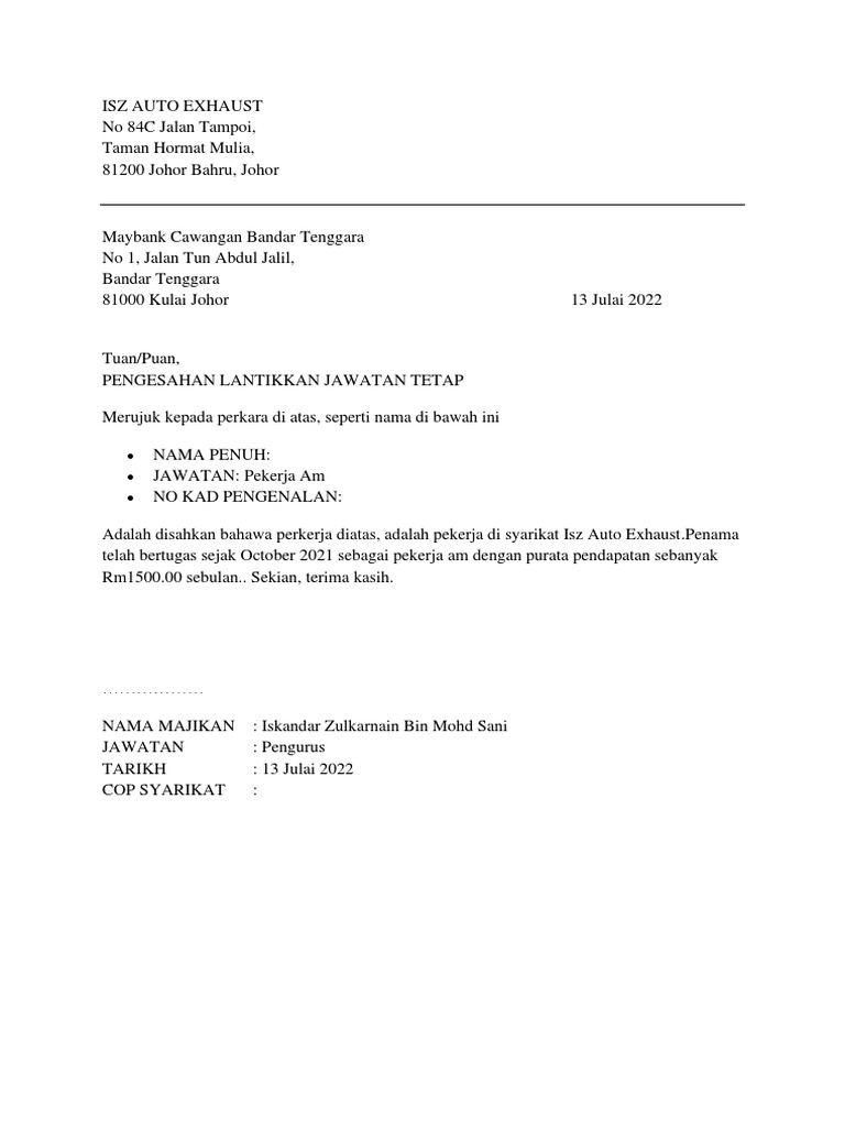 Contoh Surat Pengesah Berkerja | PDF