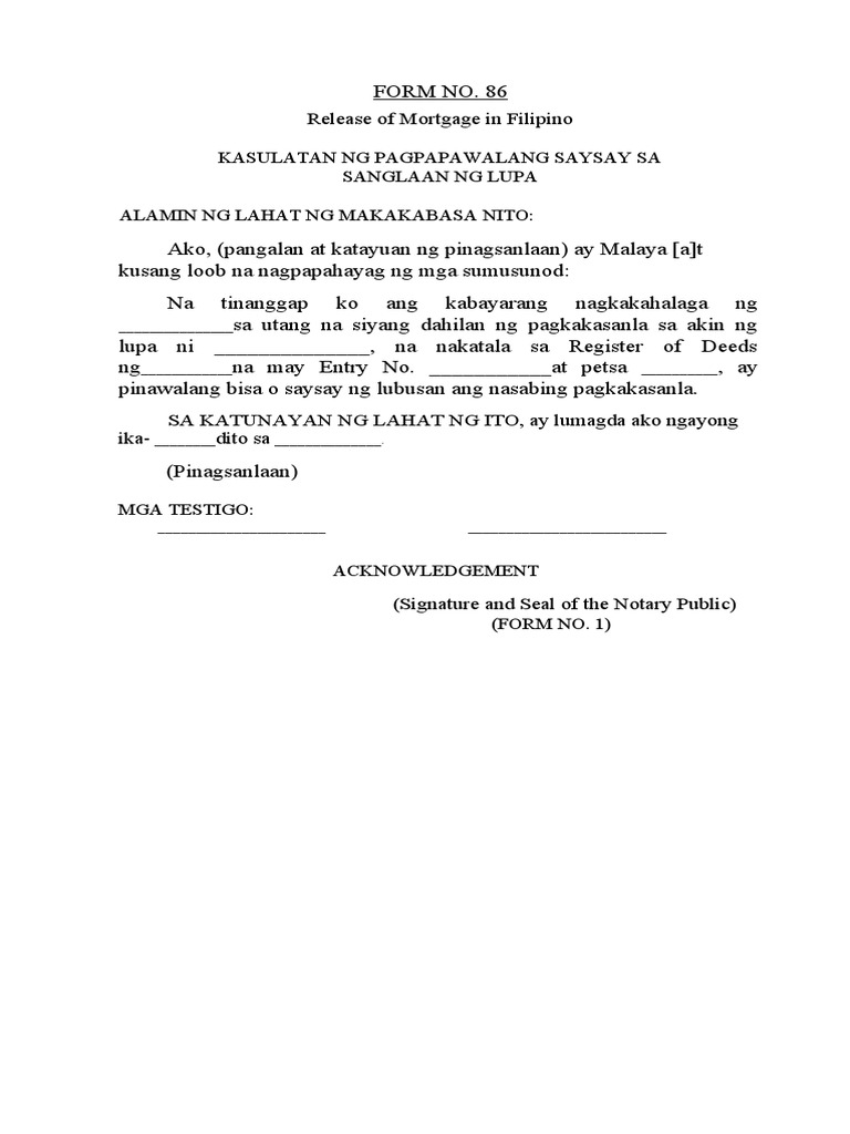 FORM NO. 86 Release of Mortgage in Filipino | PDF