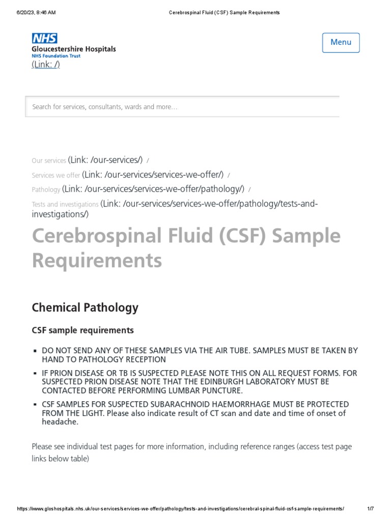 Cerebrospinal Fluid (CSF) Sample Requirements | PDF | Cerebrospinal Fluid | Cytopathology