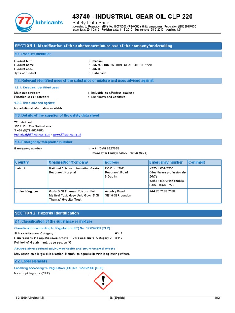 Industrial Gear Oil CLP-220 | PDF | Dangerous Goods | Toxicity
