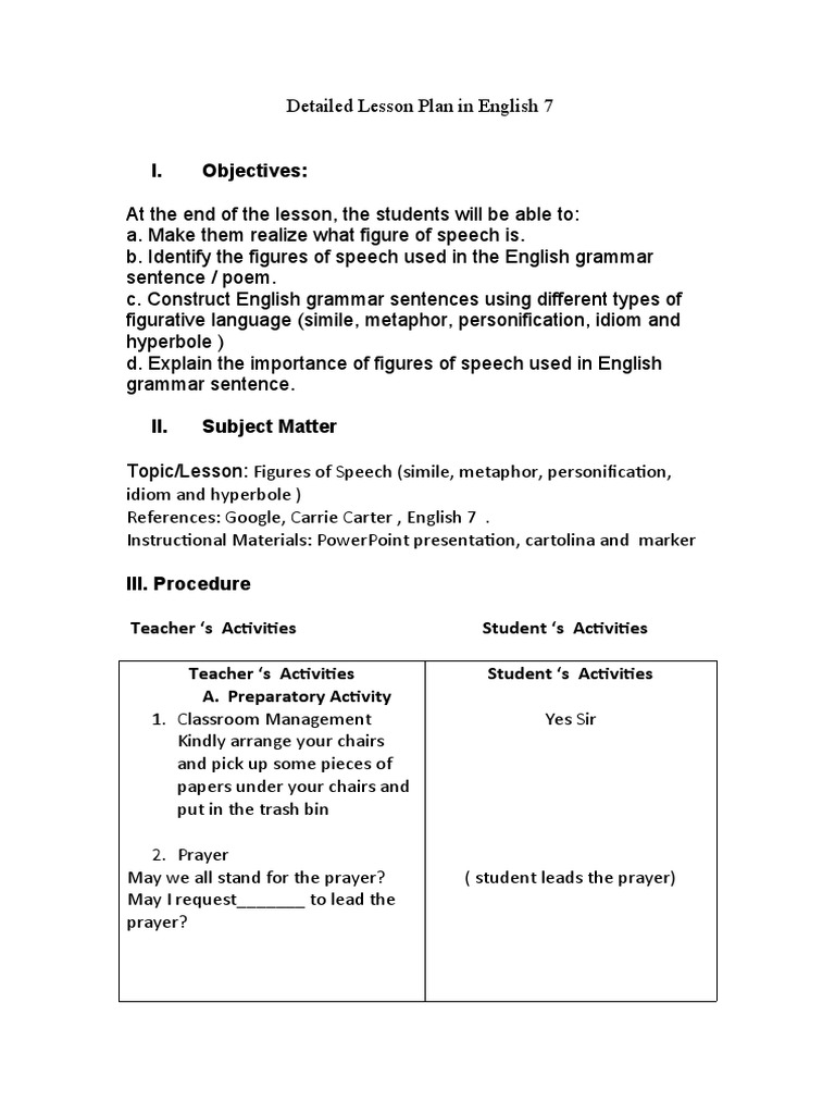 Detailed Lesson Plan in English 7 Updated For Demo | PDF | Metaphor ...
