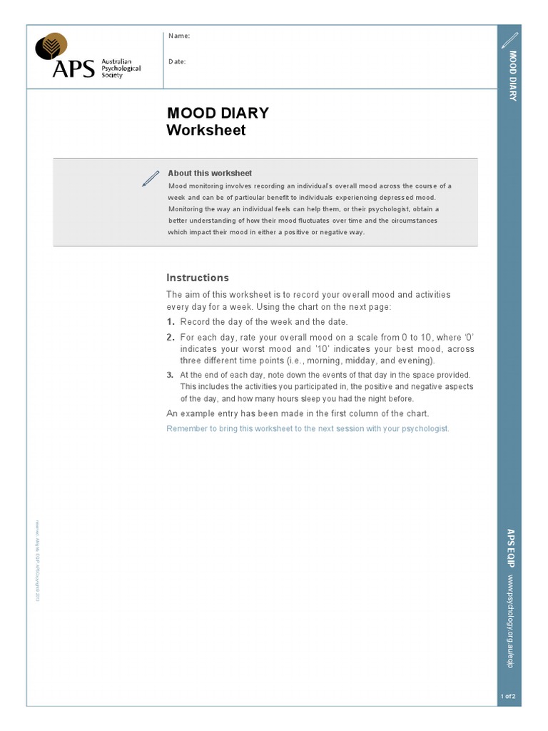 Mood Diary Worksheet | Download Free PDF | Mood (Psychology) | Mental ...