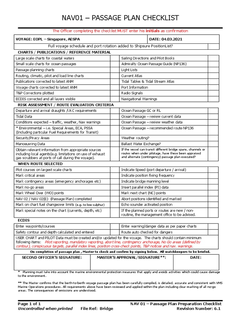 Passage Plan Checklist for EOPL-Singapore | PDF
