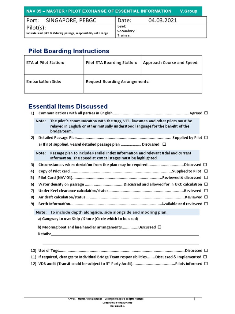 Nav 05 - Master - Pilot Exchange of Essential Information | PDF ...