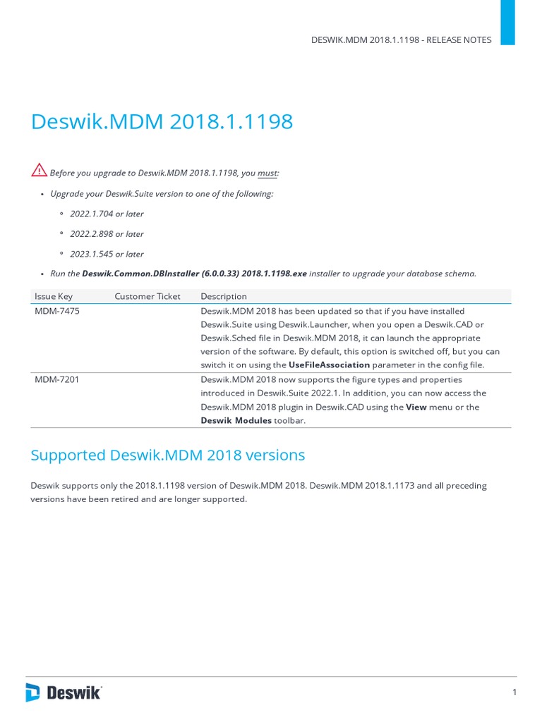 Deswik - MDM 2018.1.1198 Release Notes | PDF