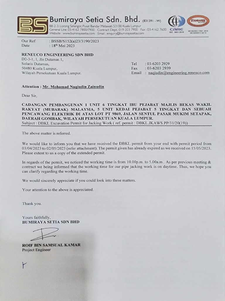 DBKL Excavation Permit for Pipe Jacking Work | PDF