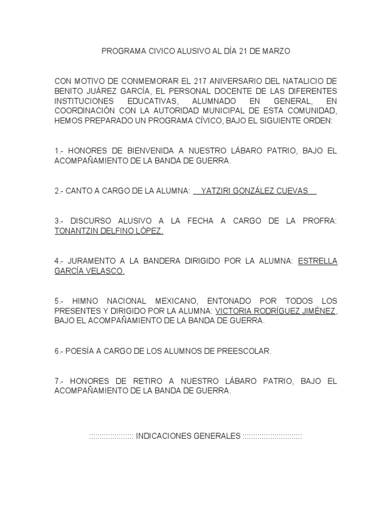 Programa Civico Alusivo Al Día 21 de Marzo | PDF
