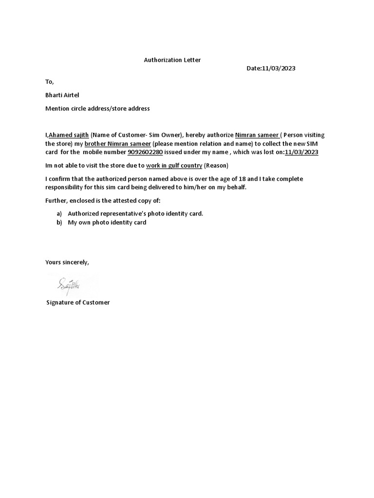 SIM Card Authorization Letter | PDF | Computer Access Control ...