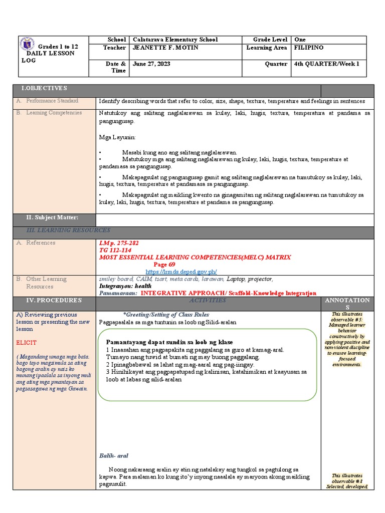 Cot Grade 1 MTB Mle Tagalog 4th | PDF