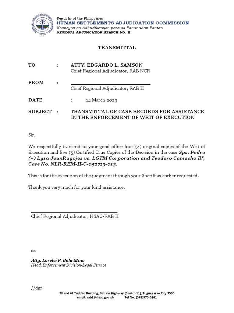 Transmittal of Case Records for Execution | PDF | Finance & Money ...