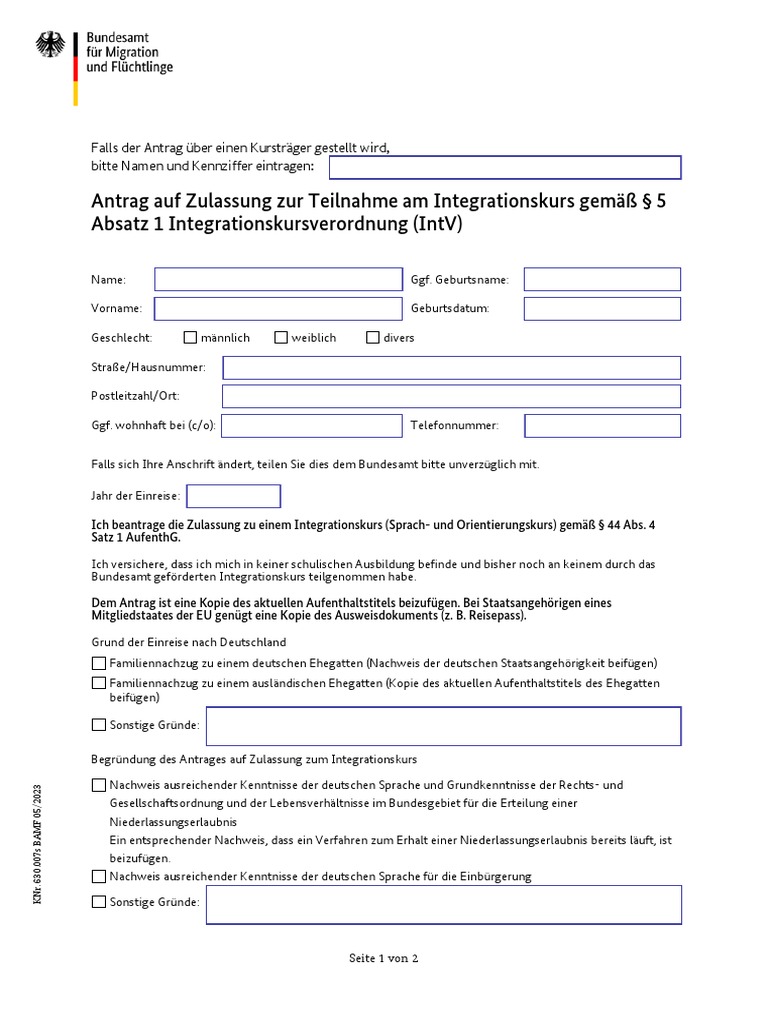 630 007 - Antrag Zulassung Integrationskurs Ausl - PDF | PDF