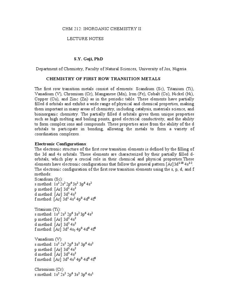 CHM 212 Lecture Notes | PDF | Transition Metals | Coordination Complex