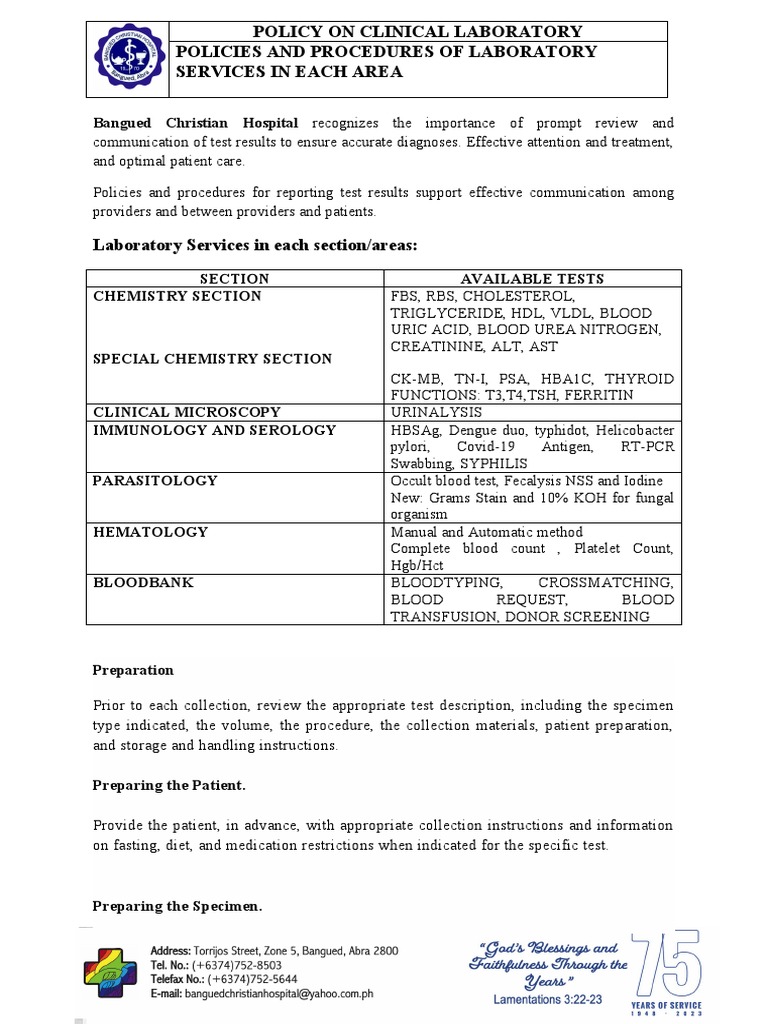 Policies and Procedures of Laboratory Services in Each Area | PDF | Blood Plasma | Clinical Medicine