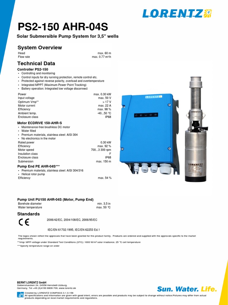 LORENTZ_PS2-150_ahr-04s_-pi_en_ver310158 | PDF | Electric Motor | Power (Physics)
