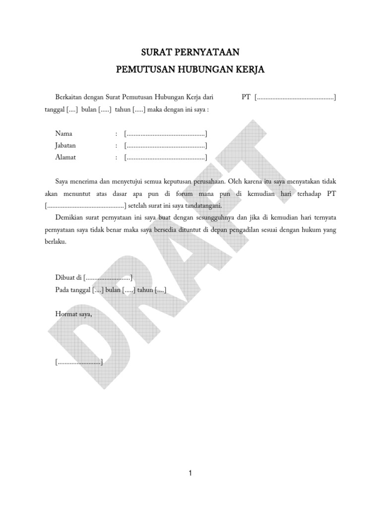 Surat Pernyataan Pemutusan Hubungan Kerja | PDF