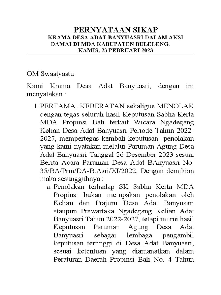 Pernyataan Sikap Krama Desa Adat Banyuasri Dalam Aksi Damai Di Mda ...