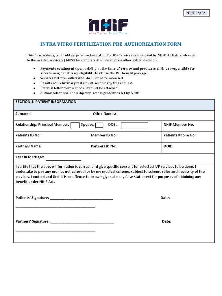 NHIF-8d26-Intra-Vitro-Fertilization-Pre-Authorization-Form | PDF | In ...