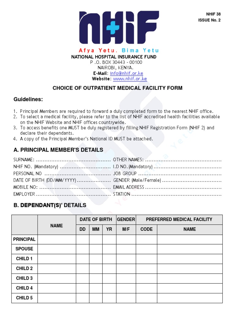 NHIF 38 Choice of Outpatient Medical Facility Form | PDF | Health ...