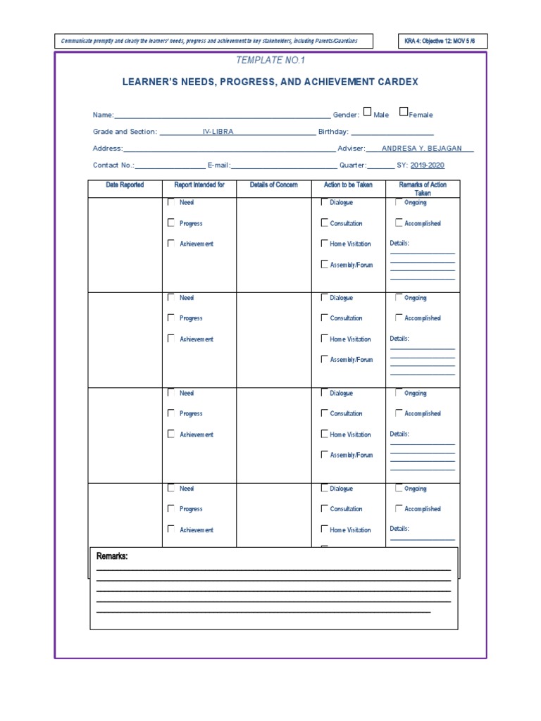 Anecdotal - Parents Communication Cardex Template | PDF