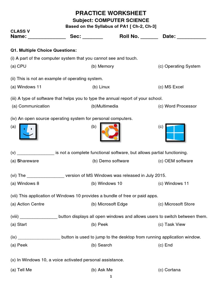 Class 5 Computer Worksheet PA1 | PDF | Application Software | Microsoft ...