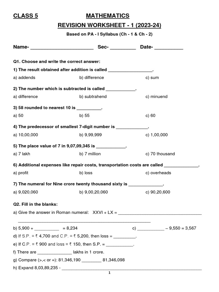 Class 5 Maths Revision Worksheet 1 CH 1, 2 (.05.23) | PDF | Subtraction | Elementary Mathematics